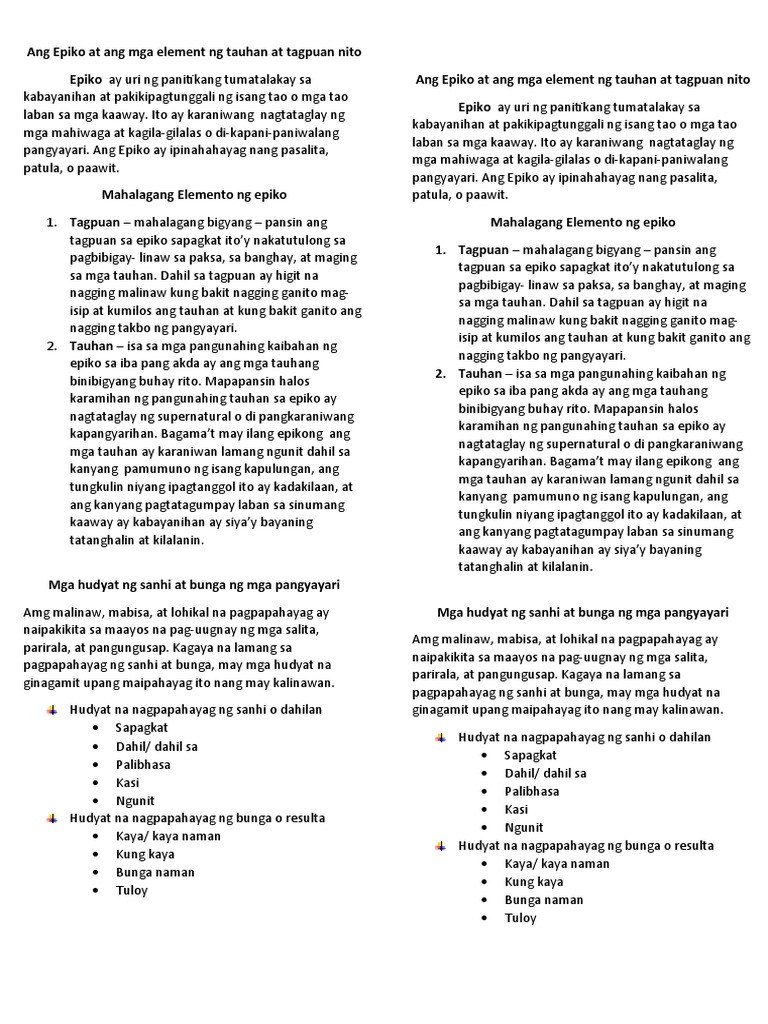 Ang Epiko at Ang Mga Element NG Tauhan at Tagpuan Nito | PDF