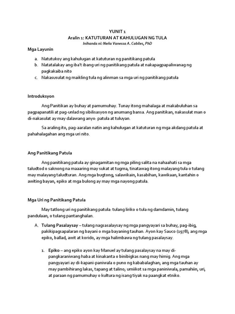 Yunit 1 - Aralin 1 - 2 Katuturan, Kahulugan NG Tula With Gawain | PDF