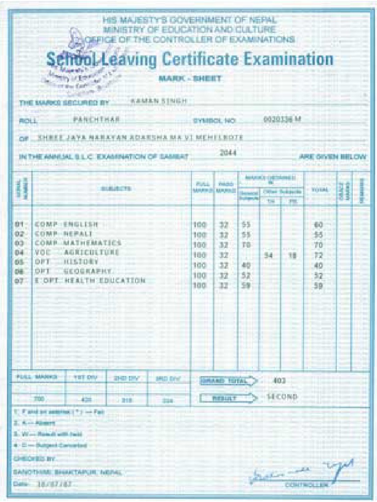 S L C Certificate Mark Sheet | PDF
