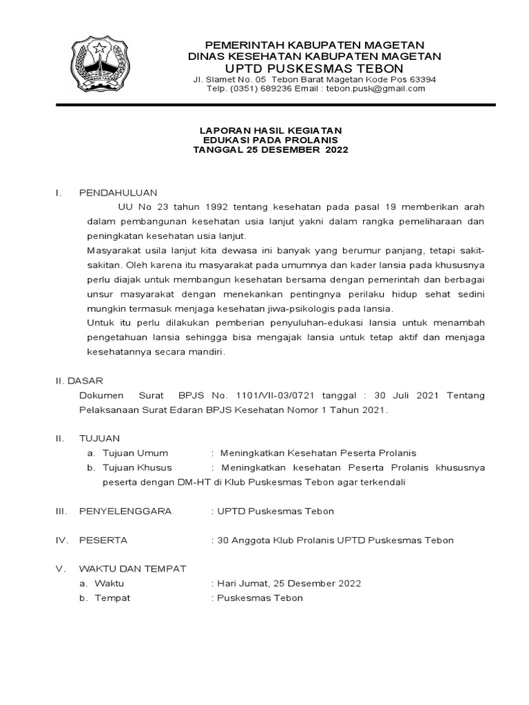 Laporan Kegiatan Prolanis 25 Desember 2022 | PDF