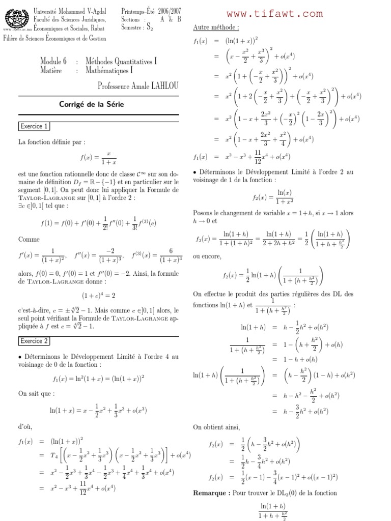 Développement Limité : Cours et Exercices | PDF | Limite (mathématiques ...