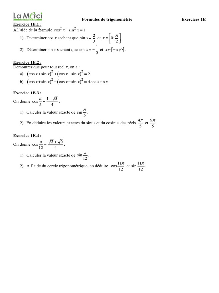 Exercices sur les Formules Trigonométriques | PDF | Trigonométrie ...