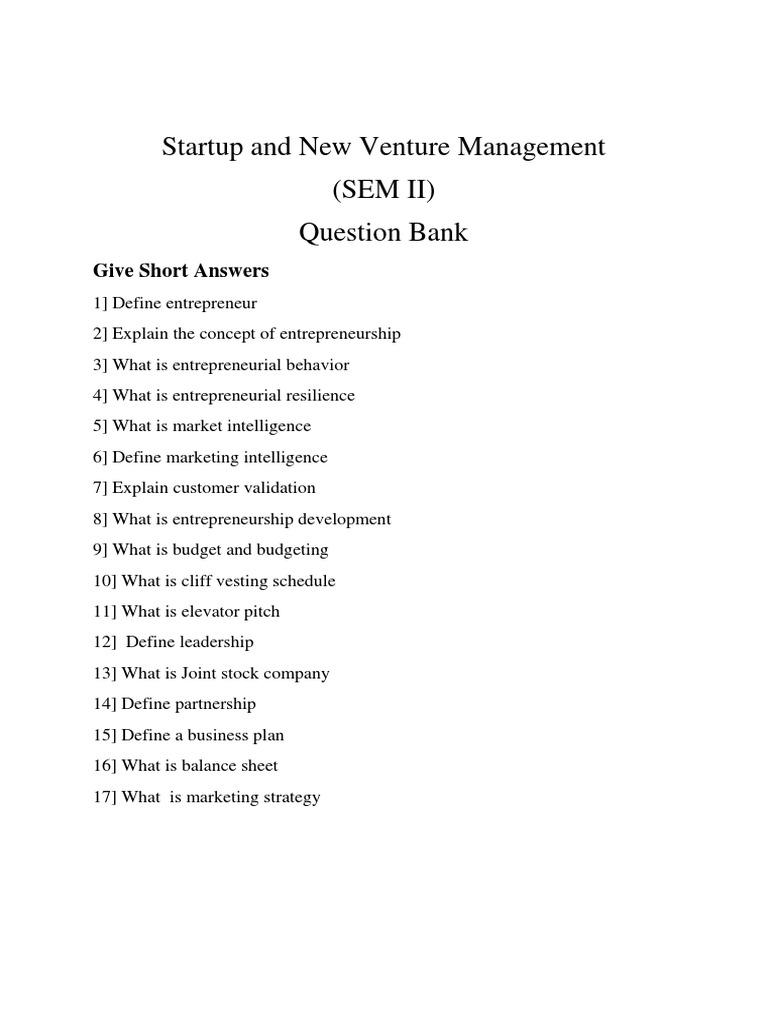 Question Bank SNVM | PDF | Entrepreneurship | Startup Company