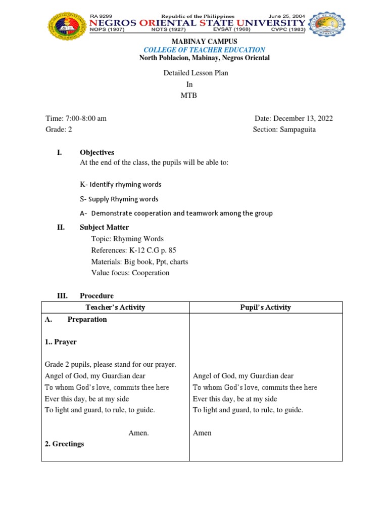 Daily Lesson Plan Rhyming Words | PDF | Alphabet | Linguistics