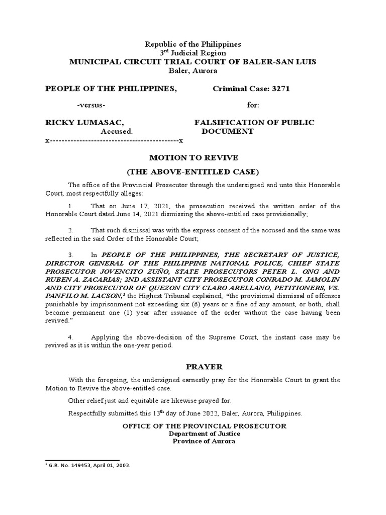 Motion to Revive Criminal Case 3271 | PDF | Prosecutor | Crime & Violence