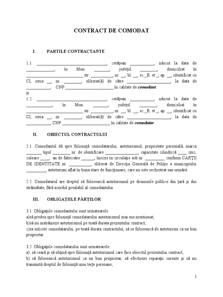 Model Contract de Comodat Pentru Autoturism Laurentiu Mihai | PDF