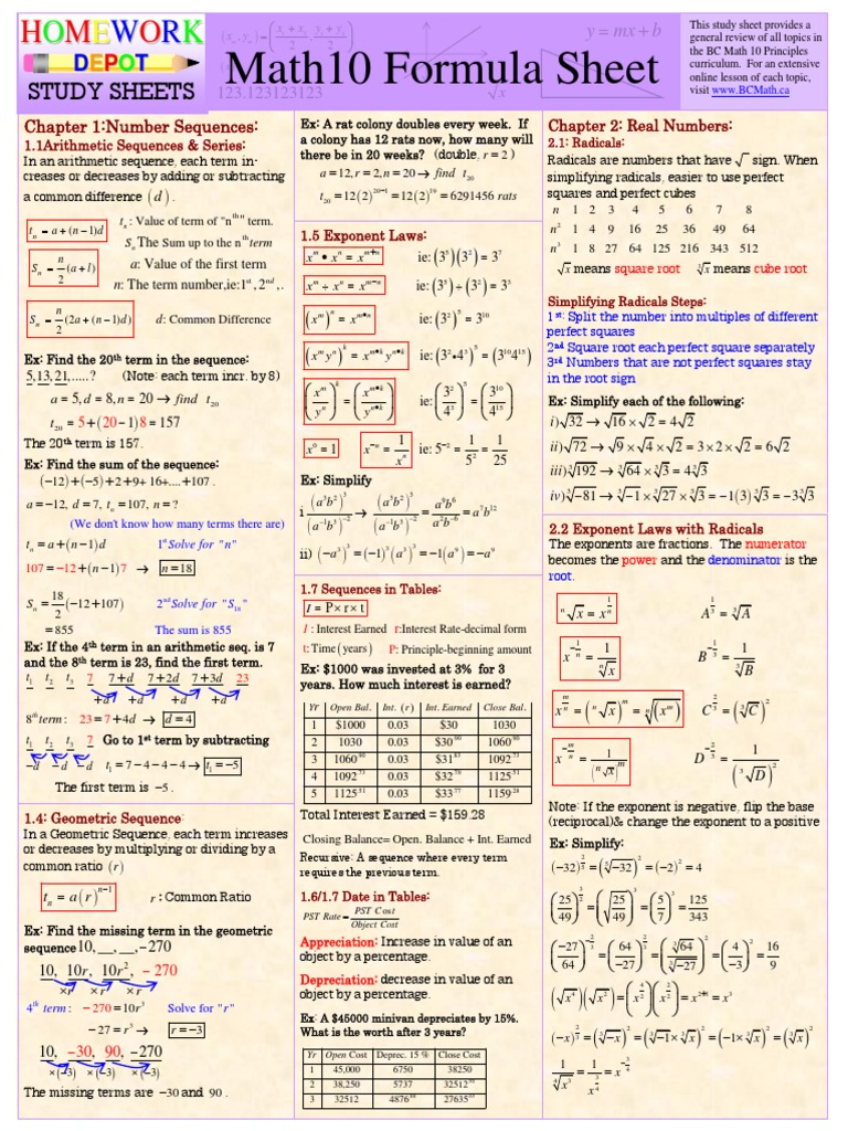 Math 10 Principles Study Sheet | PDF | Mathematical Concepts | Numbers