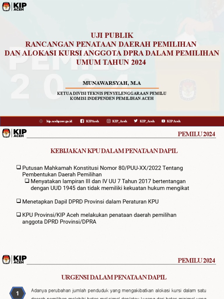 Uji Publik Rancangan Penataan Daerah Pemilihan Dan Alokasi Kursi Anggota Dpra Dalam Pemilihan ...