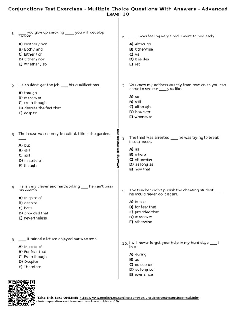Conjunctions Test Exercises - Advanced Level 10 Multiple Choice ...