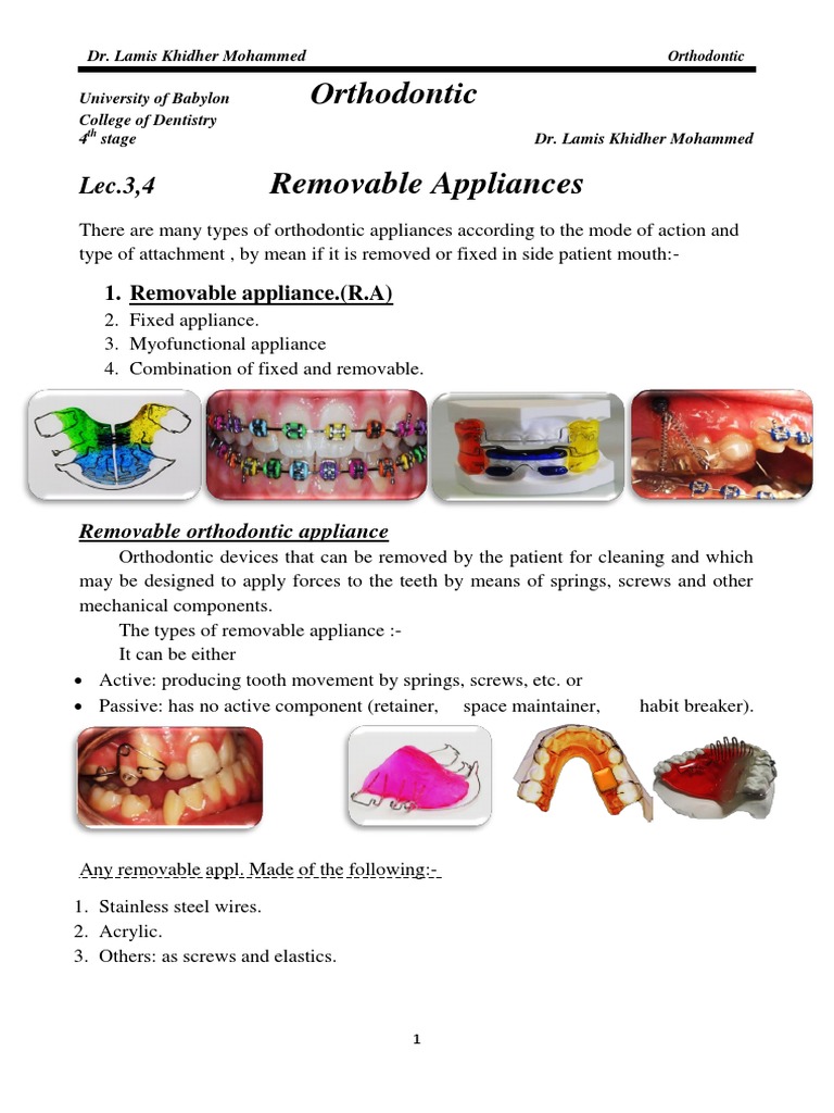 Removable Appliances Author DR Lamis Khidher Mohammed | PDF | Orthodontics | Tooth