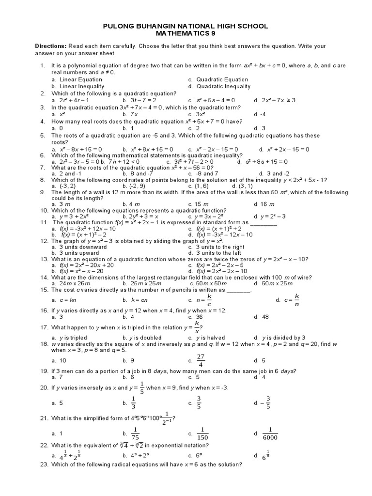 Pre Test in Mathematics 9 (RISO) | PDF | Triangle | Trigonometric Functions