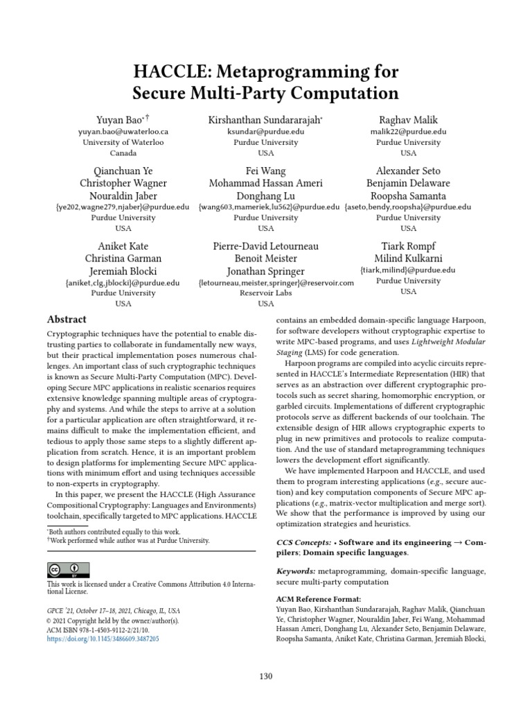 HACCLE: Metaprogramming For Secure Multi-Party Computation | PDF | Information Age | Computer ...