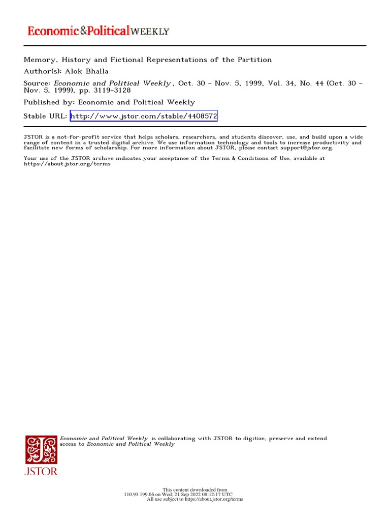 Alok Bhalla - Memory, History and Fictional Representations of The ...
