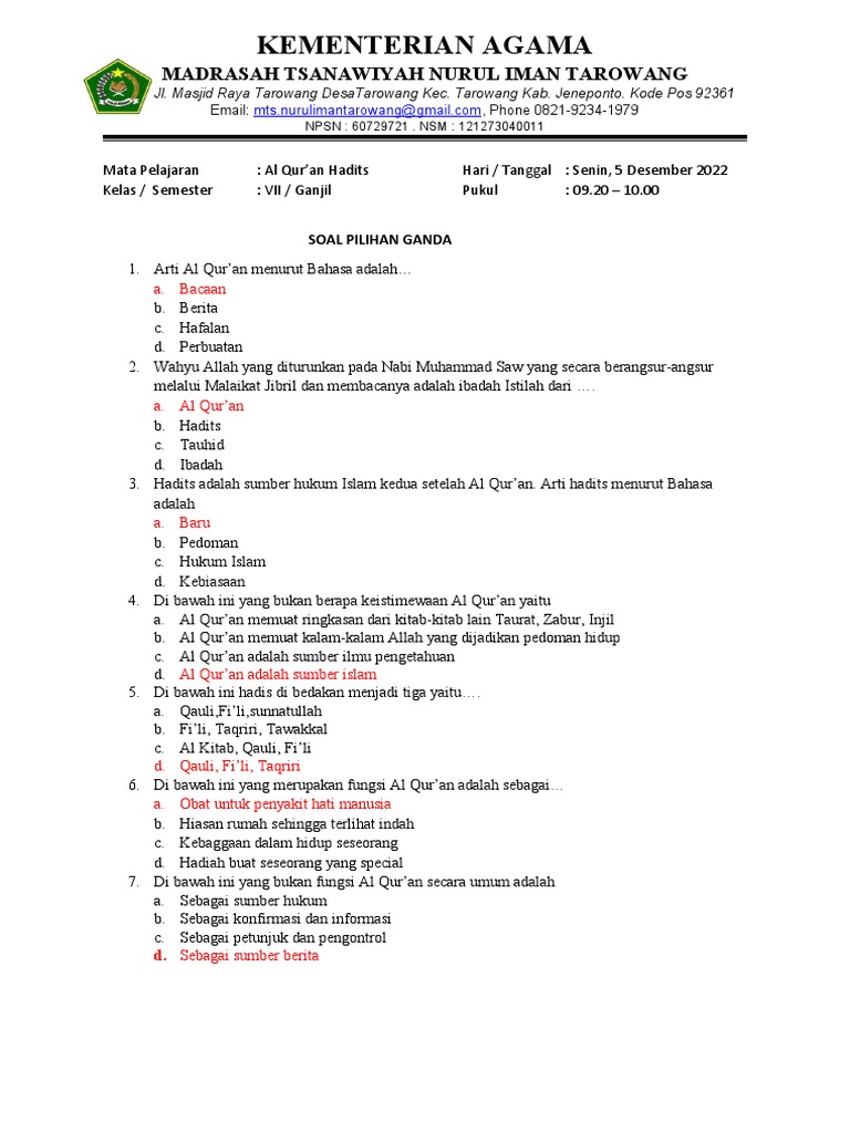 Soal Al Qur'an Hadits Kelas VII-VIII | PDF