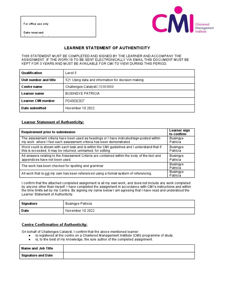 521 Using Data and Information For Decision Making Response Sheet (1) - Busingye Patricia ...