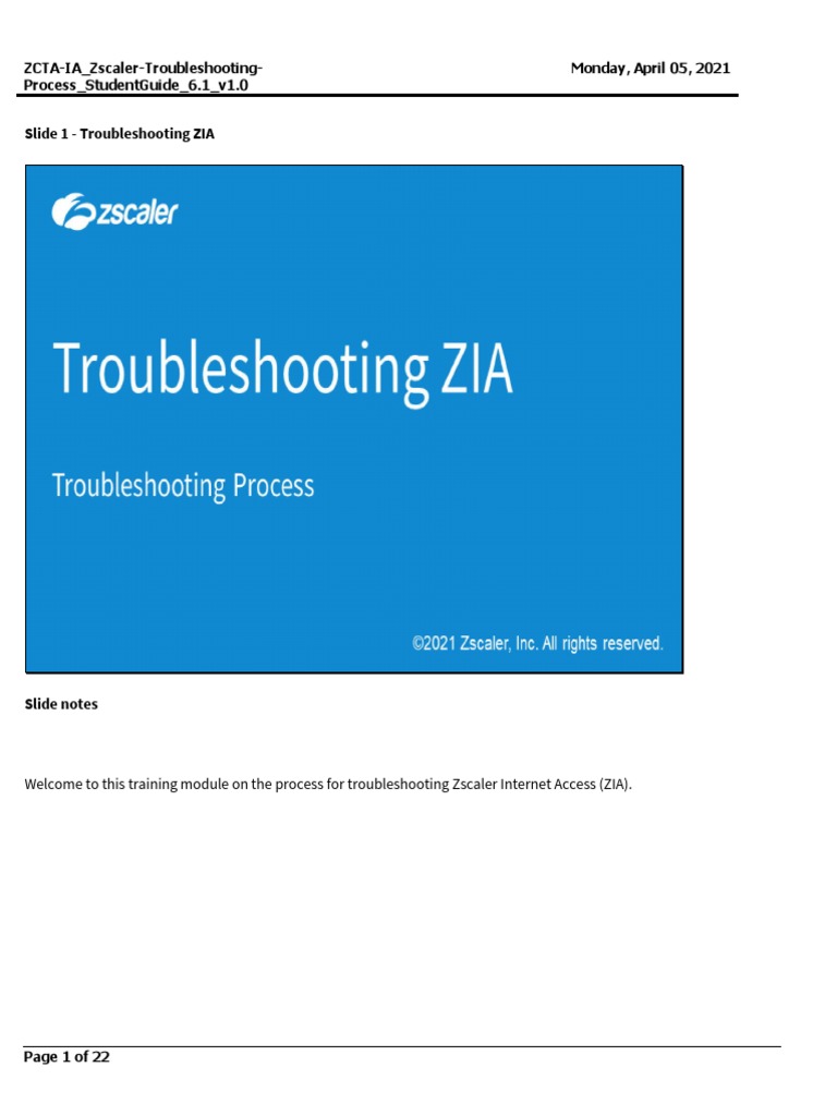 ZCTA-IA Zscaler-Troubleshooting-Process StudentGuide 6.1 v1.0 | PDF | Troubleshooting | Proxy Server