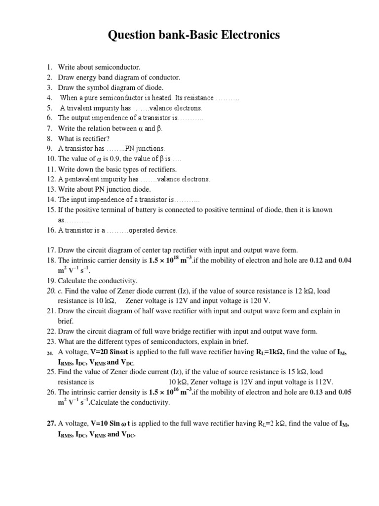 Question Bank-Basic Electronics | PDF | Diode | Rectifier
