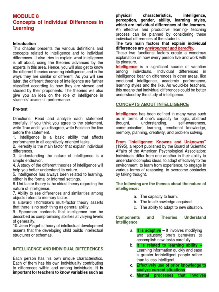 Understanding Individual Differences in Learning | PDF | Learning Styles | Intelligence