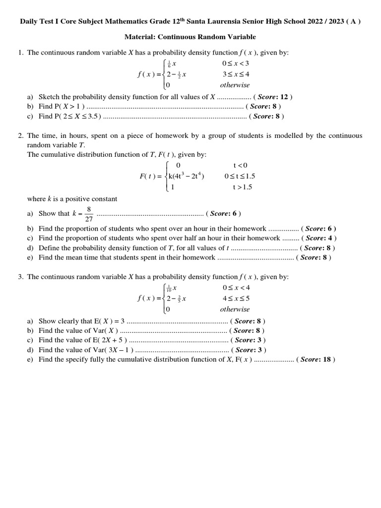 Daily Test I Core Subject Mathematics Grade 12th Santa Laurensia Senior ...