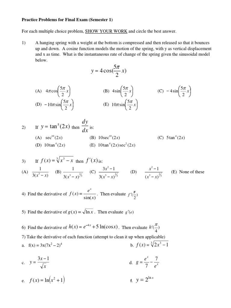 X y DX Dy: Practice Problems For Final Exam (Semester 1) | PDF ...