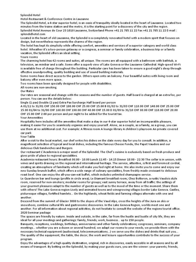 Splendid Hotel - Student Handout (Brochure Info) | PDF | Hotel | Menu