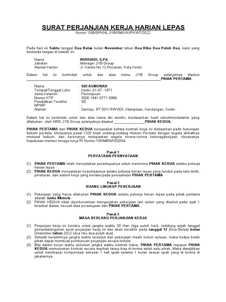 SURAT PERJANJIAN HARIAN LEPAS JYB Group - Asmonah 1 BLN Marketing | PDF