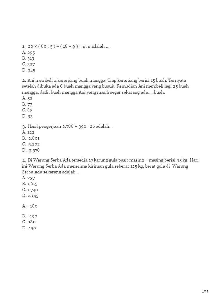 Latihan Soal Ujian Sekolah Matematika SD Mi Tahun 2023 | PDF