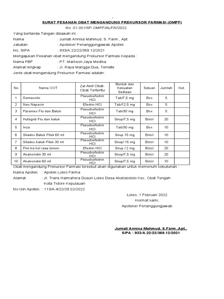 Form - Surat Pesanan Prekursor Bulan Februari | PDF