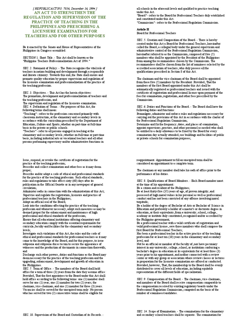 Ra 7836 | PDF | Licensure | Teachers