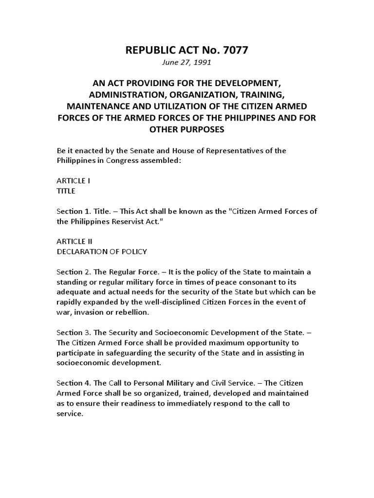 RA 7077: Citizen Armed Forces of the Philippines Reservist Act | PDF ...