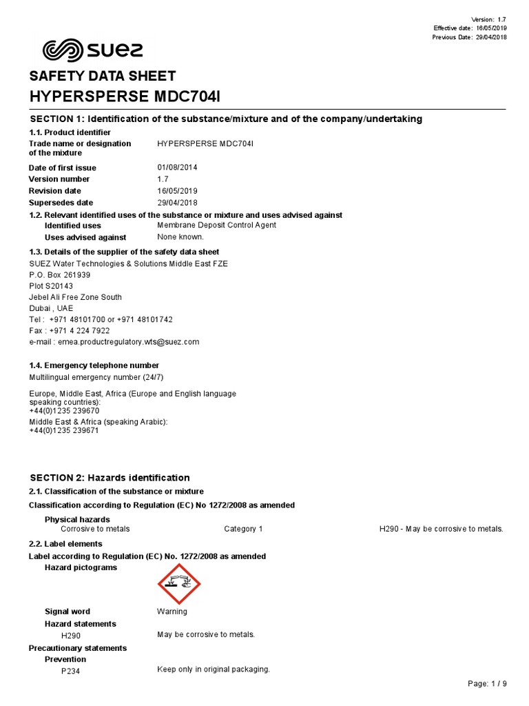 Hypersperse Mdc704i-Msds | PDF | Dangerous Goods | Toxicity