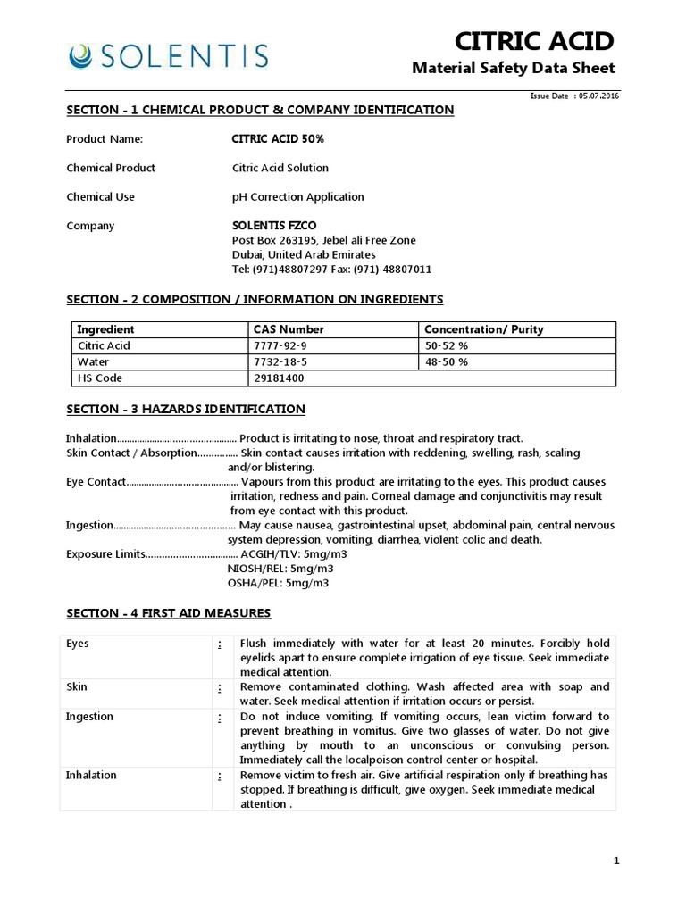 MSDS - Citric Acid | PDF | Personal Protective Equipment | Combustion