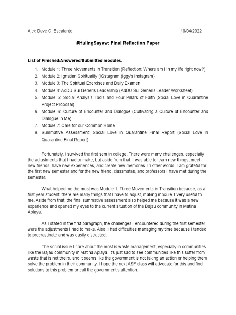 #HulingSayaw Final Reflection Paper - Escalante | PDF | Psychology ...