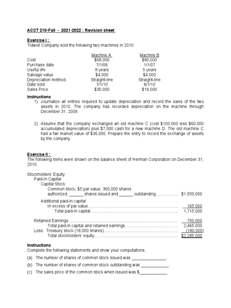 ACCT 210-Fall 21-22-Revision Sheet - Final | PDF | Treasury Stock ...