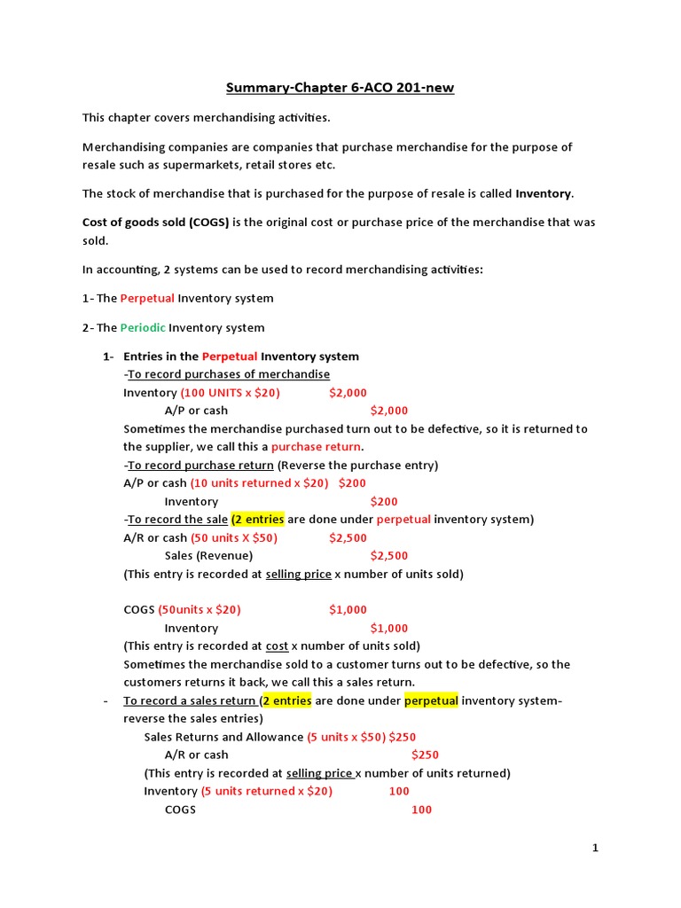Summary Chapter 6-ACO 201 | PDF | Cost Of Goods Sold | Inventory