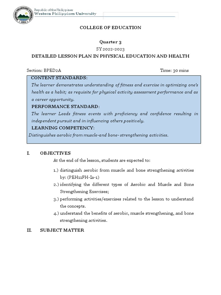 Physical Education Lesson Plan: Aerobic & Strength Training | PDF ...