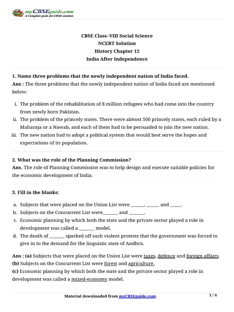 08 Social Ncert History ch12 India After Independence Ques | PDF ...
