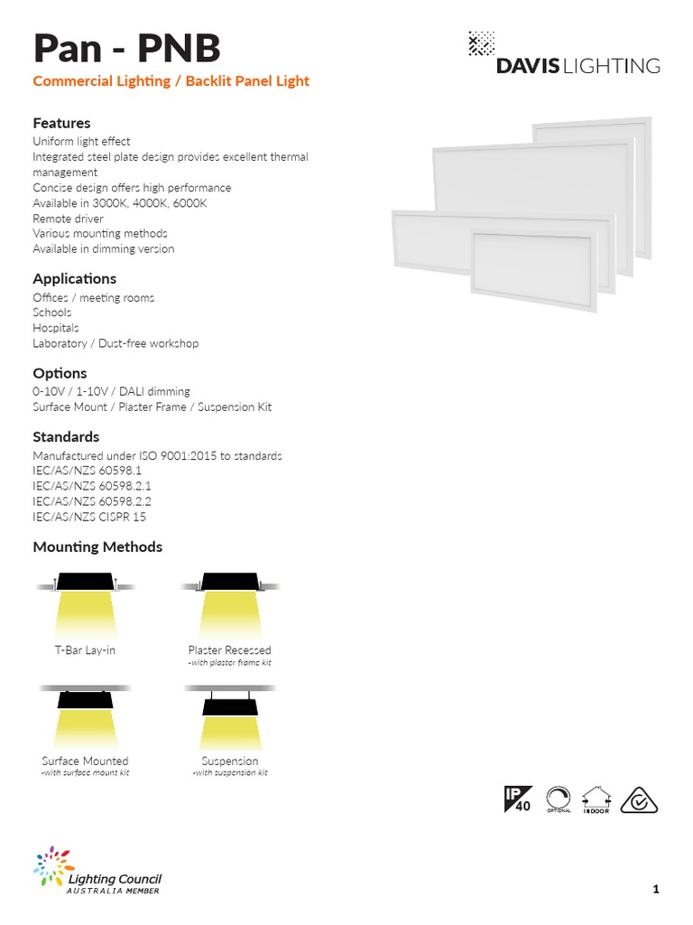 Davis Pan-Pnb Backlit Panel Light | PDF | Length | Lighting