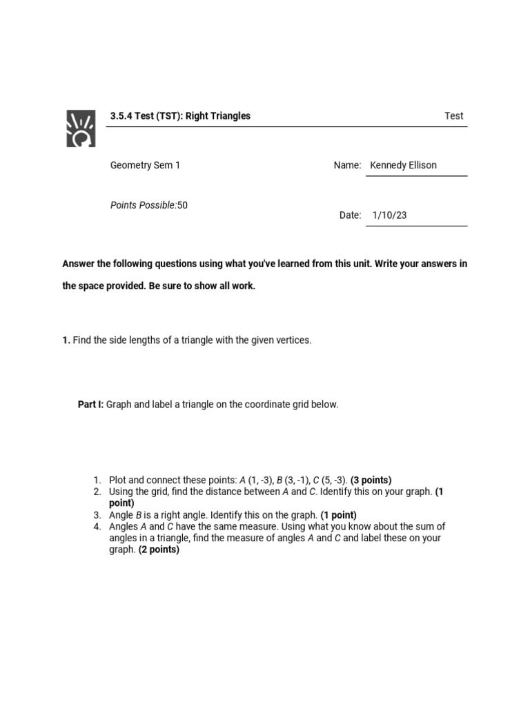 3.5.4 Test (TST) - Right Triangles | PDF | Triangle | Euclidean Plane ...