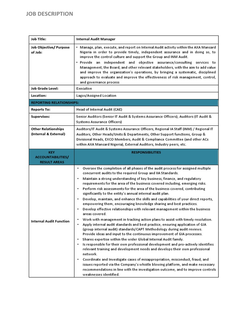 Job Profile - HEAD, INTERNAL AUDIT AND INVESTIGATION | PDF | Internal ...