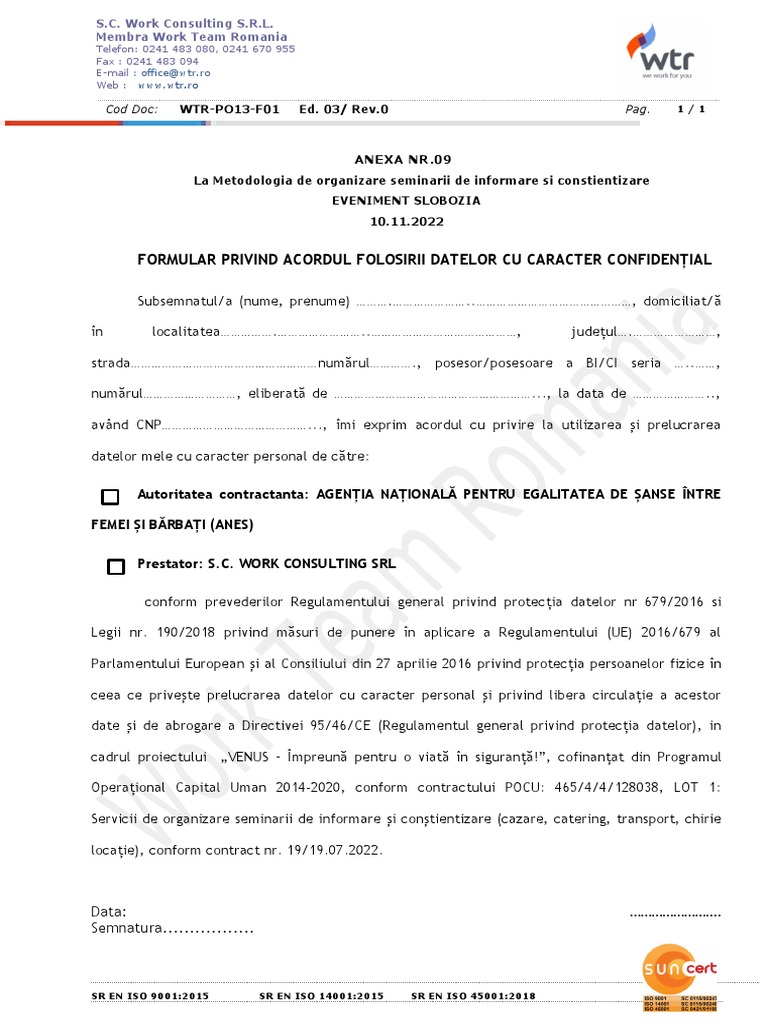 WTR-PO13-F02-Formular GDPR - Anexa 9 | PDF