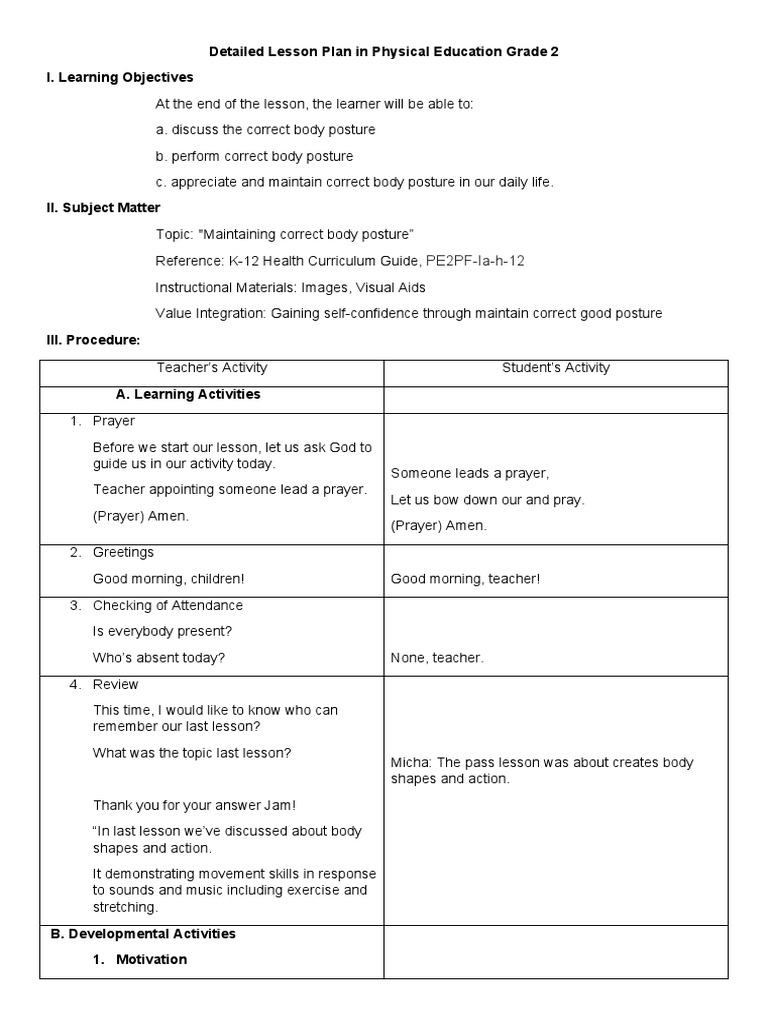 Detailed Lesson Plan in Physical Education Grade 2 Gerald | PDF ...