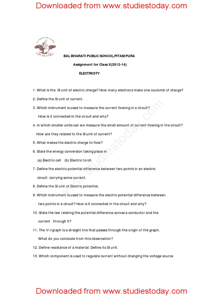 CBSE Class 10 Physics Electricity Worksheet Set B | PDF | Electrical Resistance And Conductance ...