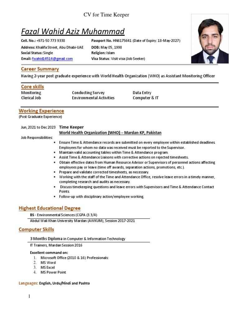 Fazal Wahid CV - Store Keeper | PDF | Career & Growth