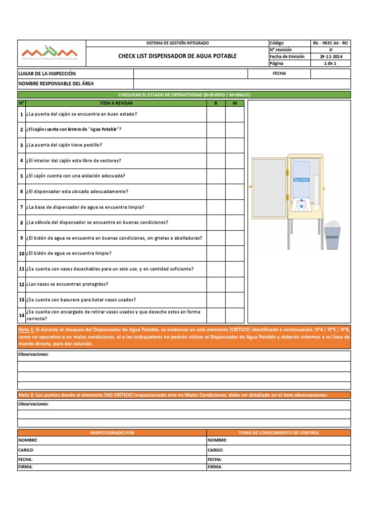 Check List Dispensado de Agua Potable MPM | PDF