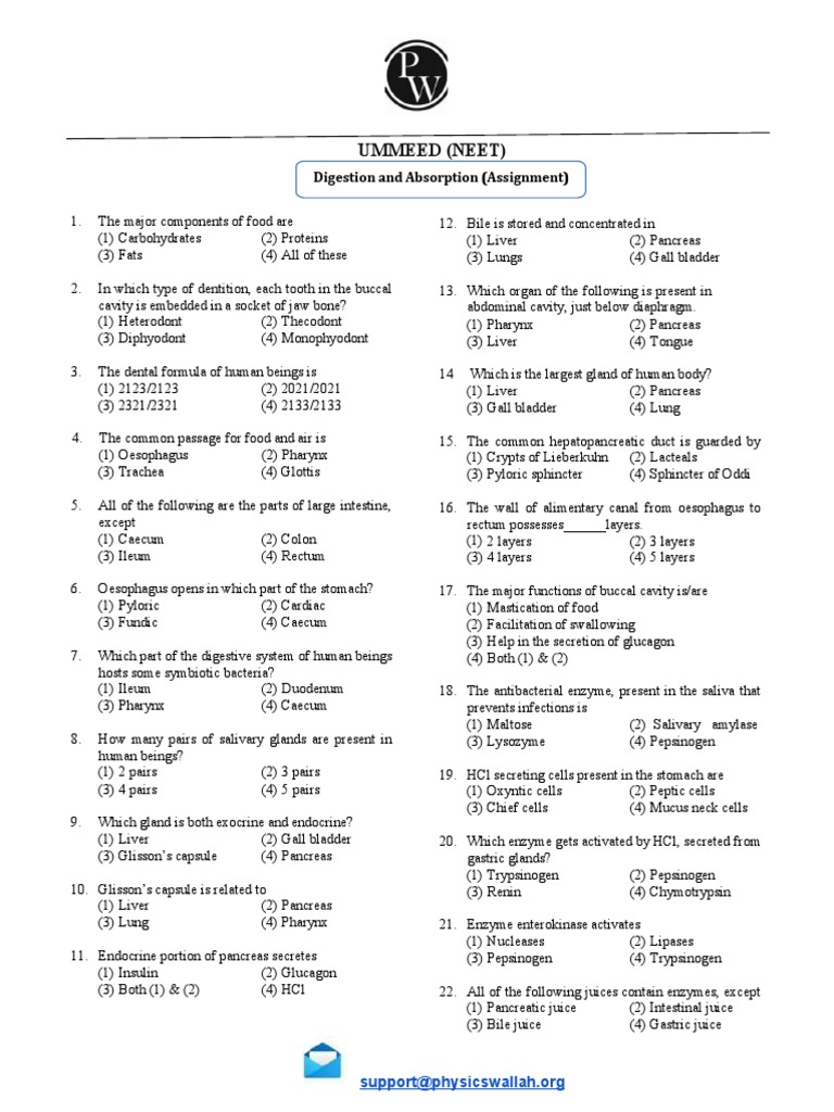 Digestion and Absorption - Practice Sheet | PDF | Digestion | Stomach
