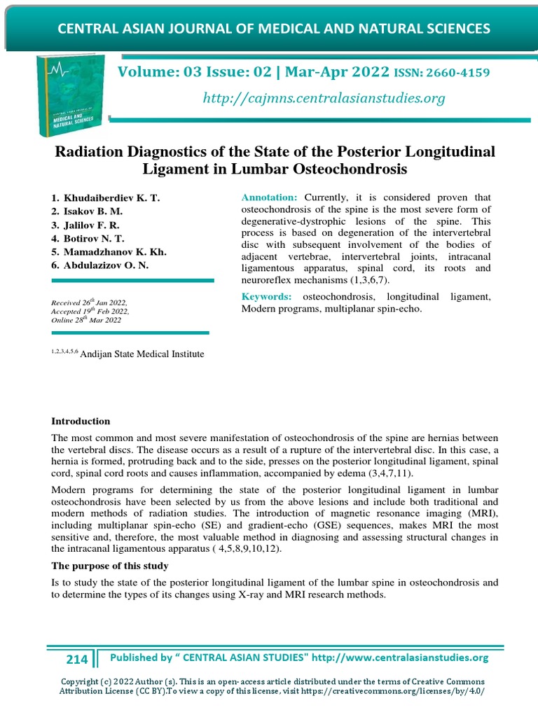 Radiation Diagnostics of The State of The Posterior Longitudinal Ligament in Lumbar ...