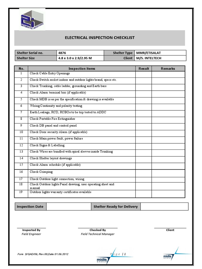 Electrical Inspection Checklist | PDF