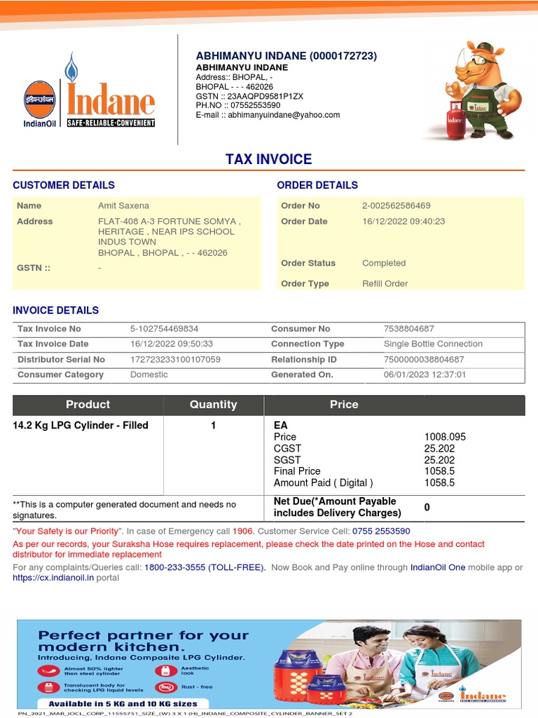 Abhimanyu Indane LPG invoice for Amit Saxena | PDF | Liquefied ...