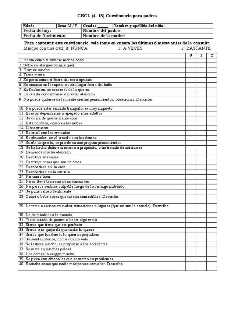 CBCL Cuestionario para Padres (Pacientes) | PDF | Enfermedades y ...